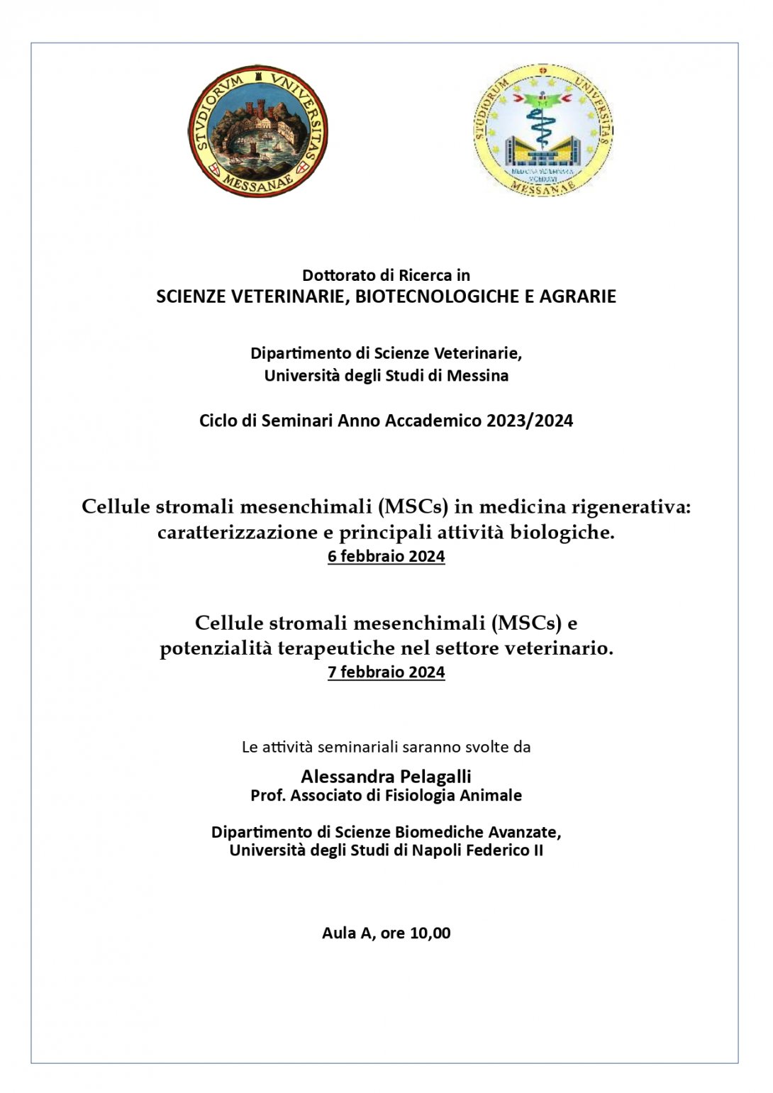 Ciclo di Seminari Anno Accademico 2023/2024 Dipartimento di Scienze Veterinarie | Dipartimento ...